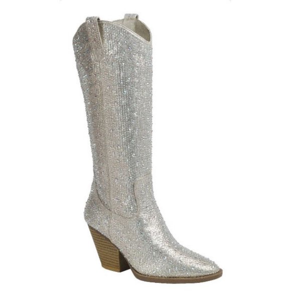 Shoes | New Womens Silver Blingy Rhinestone Cowboy Western Knee High ...